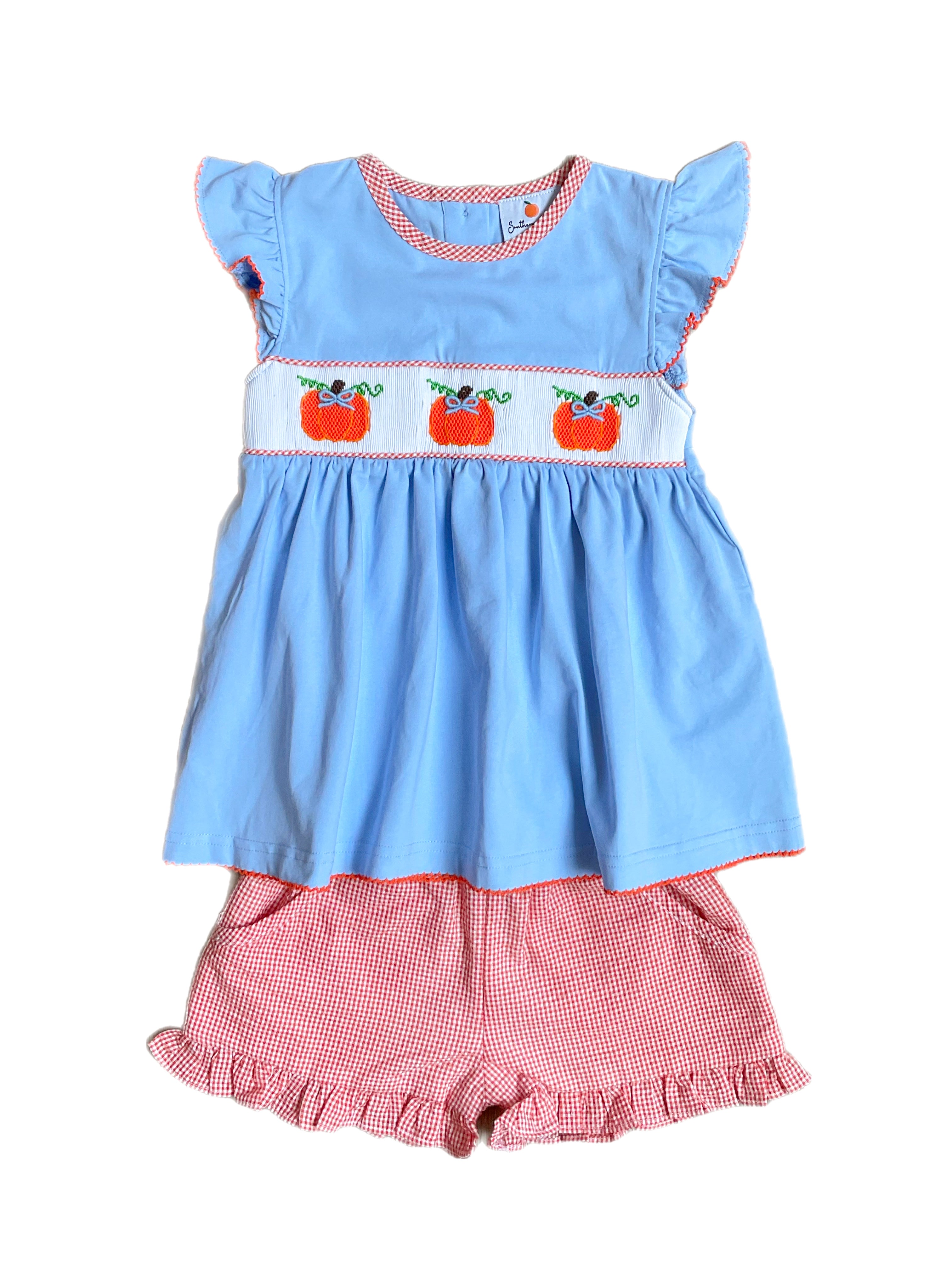 Girl’s Smocked Pumpkin Short Set – Southern Peach Smocks, LLC